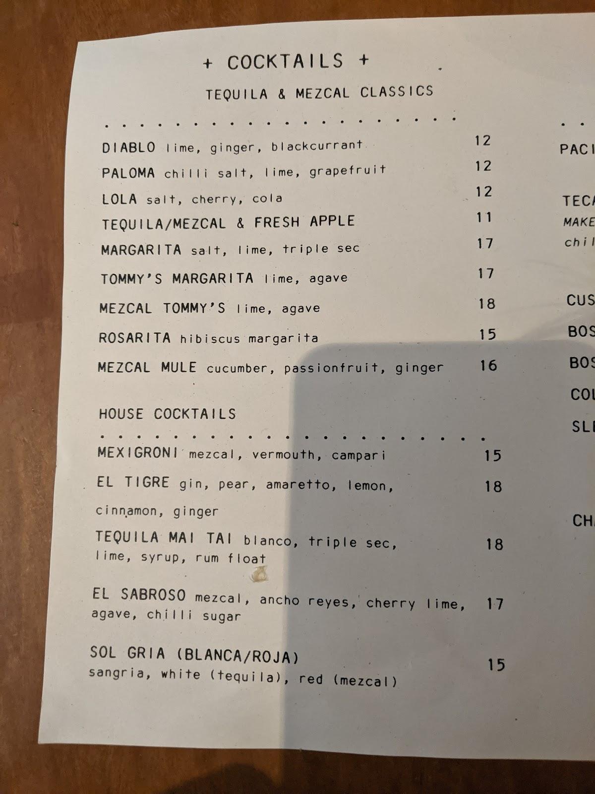 Menu at el Publico, Highgate