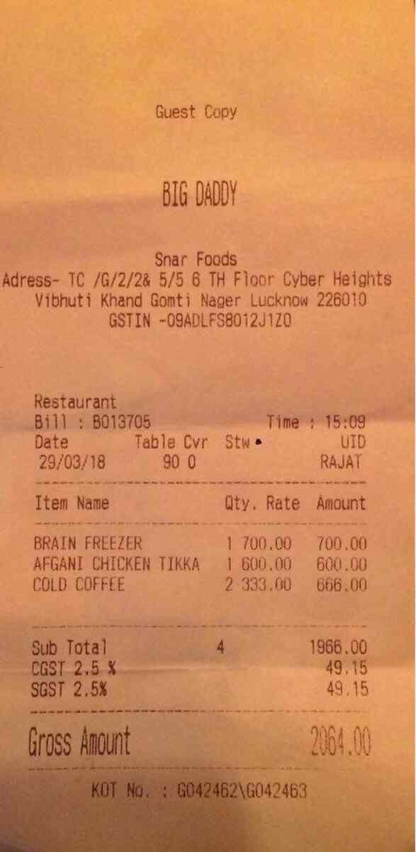 Menu at BIGG DADDY, Lucknow, Cyber Heights