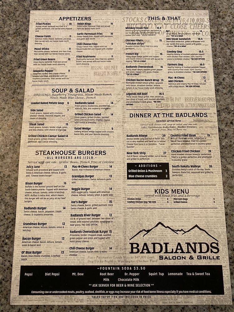 Menu at Badlands Saloon & Grille pub & bar, Wall