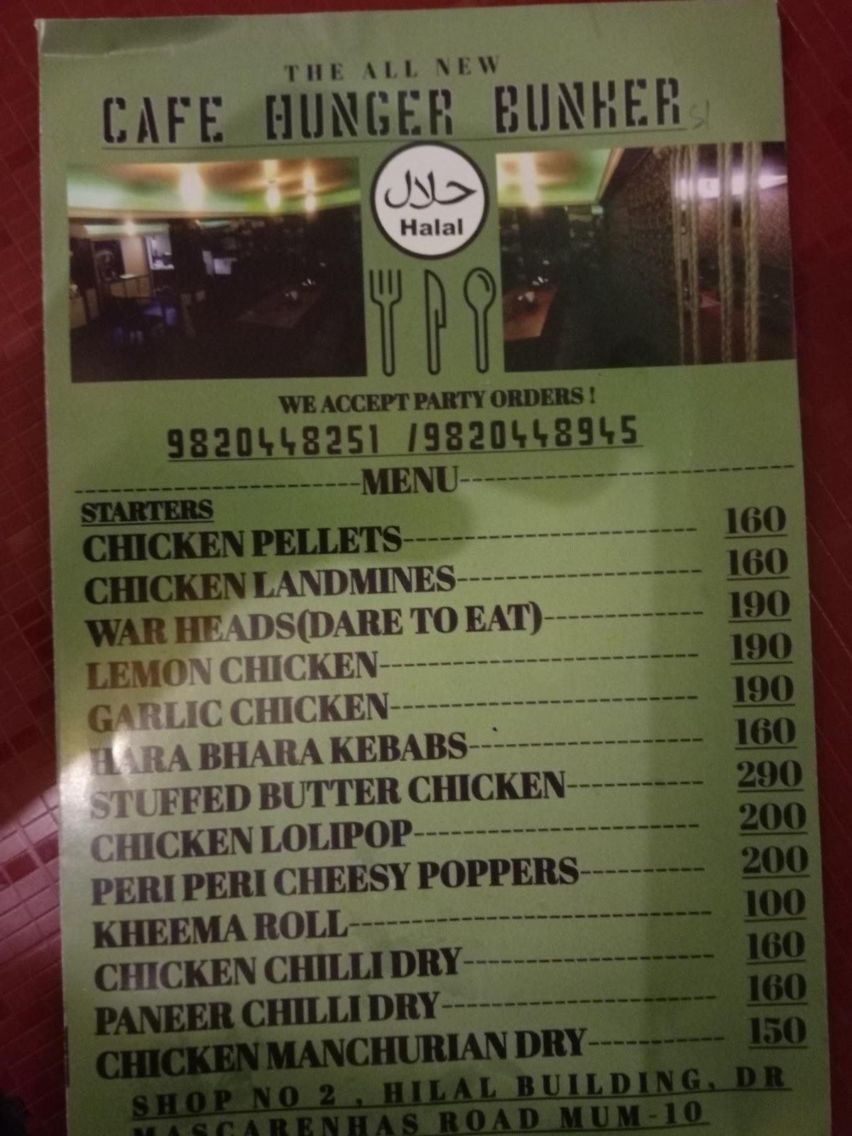 Menu at Cafe Hunger Bunker, Mumbai, shop no 2 hilal building
