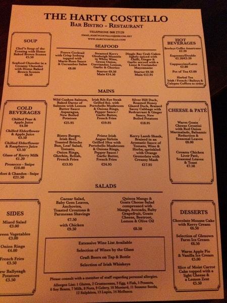 Menu at Harty-Costello's Bar & Restaurant, Ballybunnion
