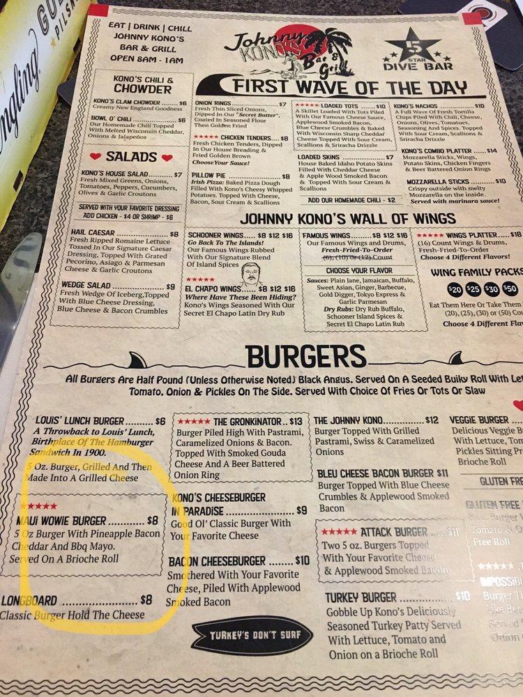 Menu at Johnny Kono's Bar & Grill, Weymouth