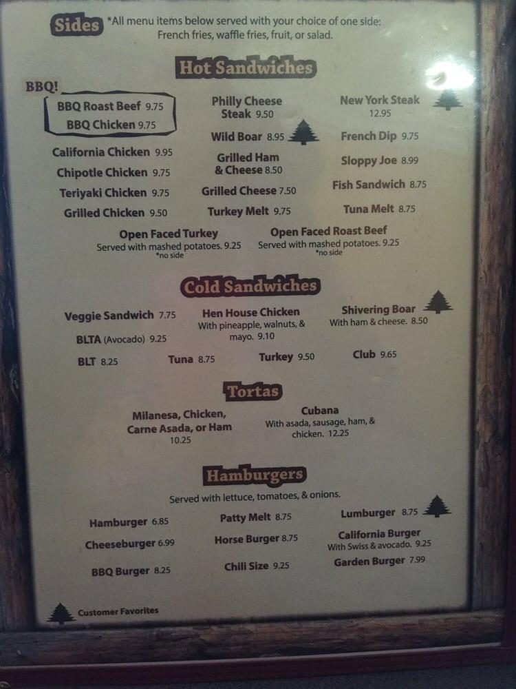 Menu at Lumberjack Cafe, Big Bear