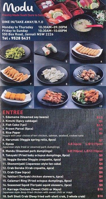 Menu at Modu Sushi restaurant, Jannali