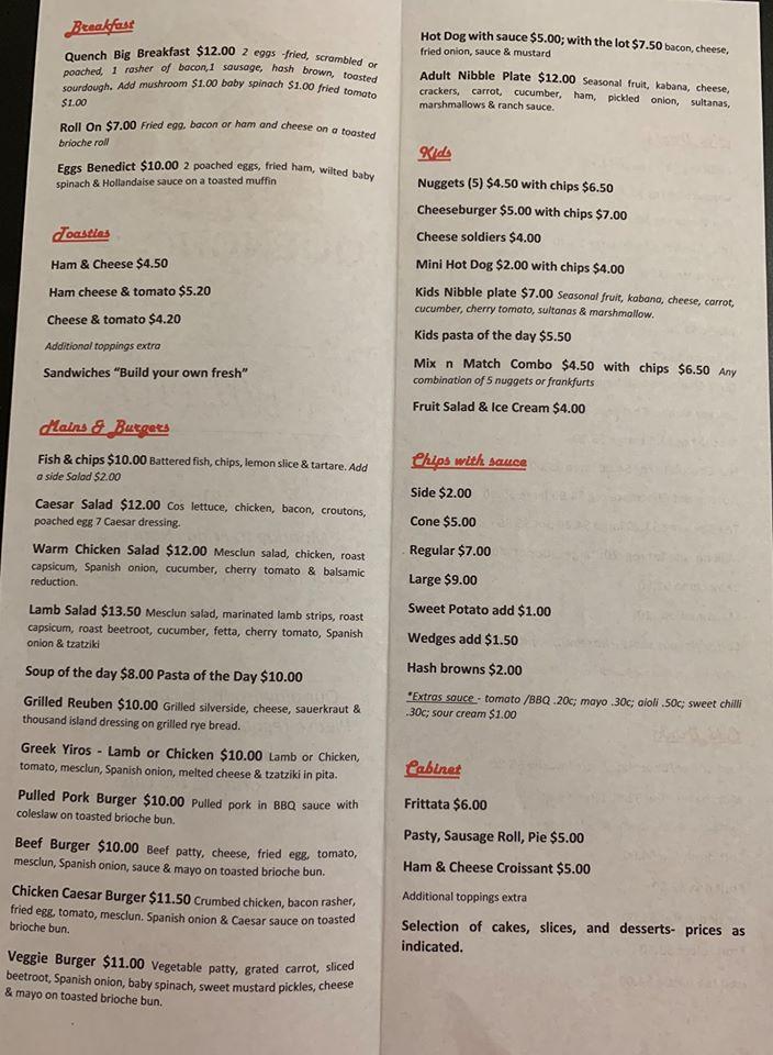 Menu at Quench Cafe, Modbury North
