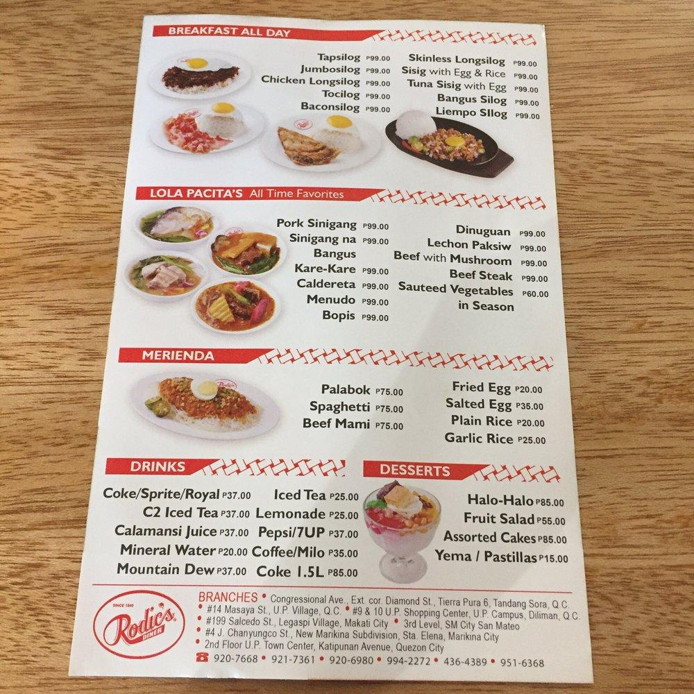 Menu at Rodic's restaurant, Quezon City, UP Town Center