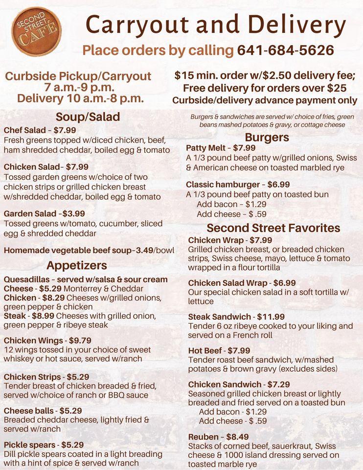 Menu at Second Street Cafe, Ottumwa