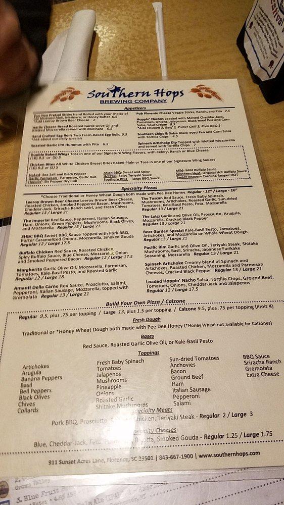Menu at Southern Hops Brewing Co. pizzeria, Florence