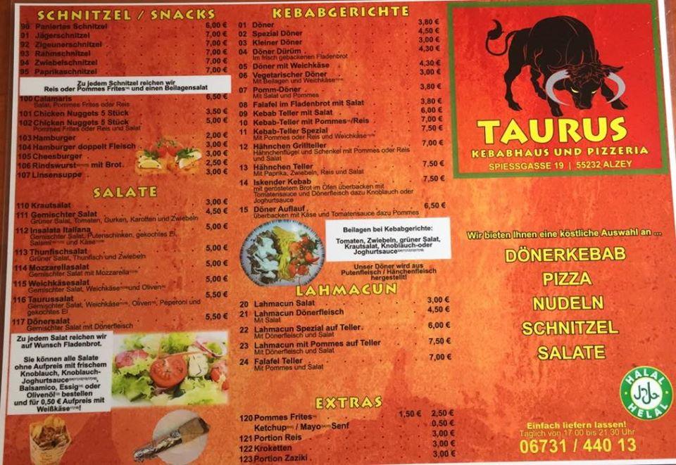 Menu at Taurus Kebaphaus & Pizzeria, Alzey
