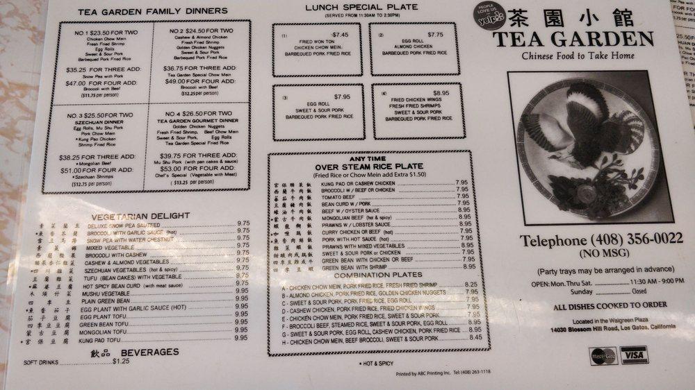 Menu at Tea Garden restaurant, Los Gatos