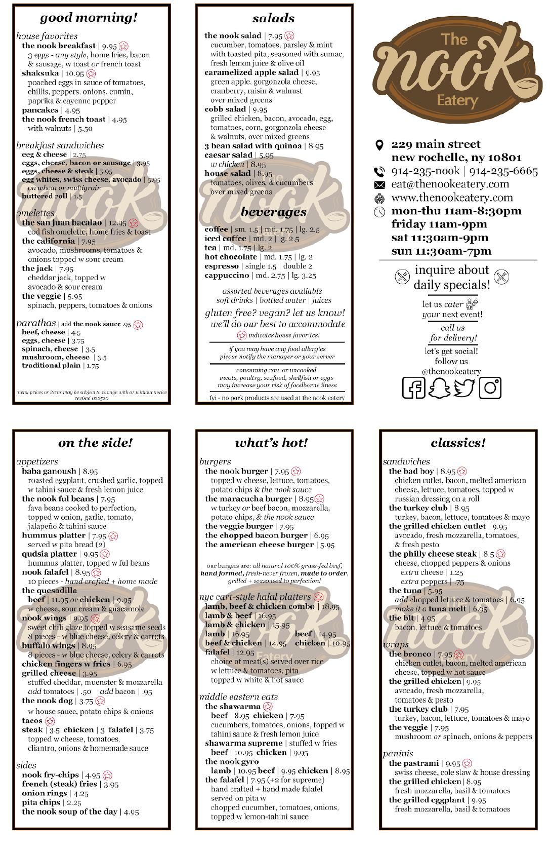 Menu at The Nook Eatery restaurant, New Rochelle