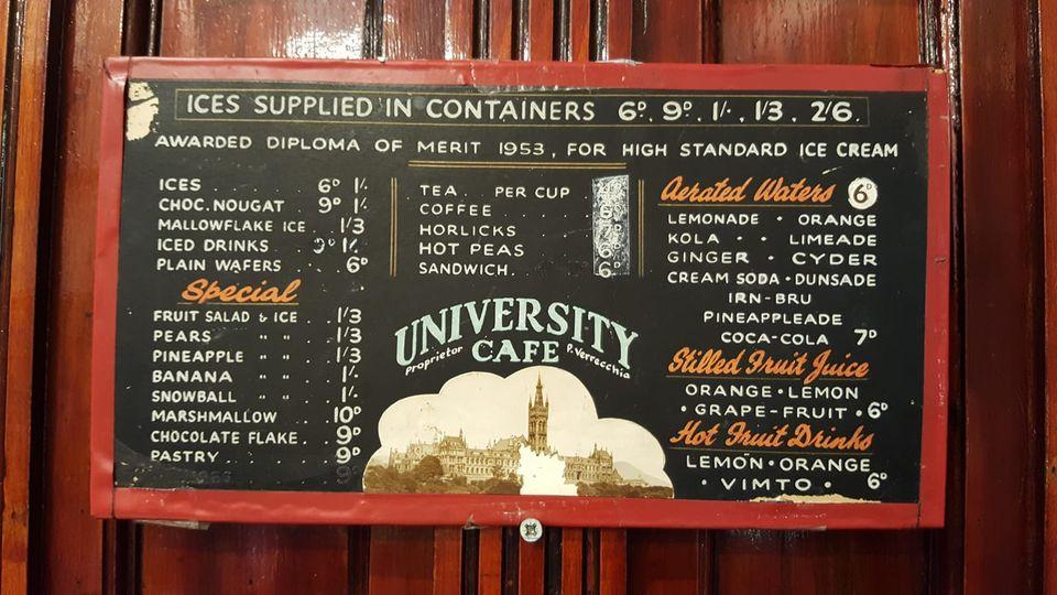 Menu at University Cafe, Glasgow