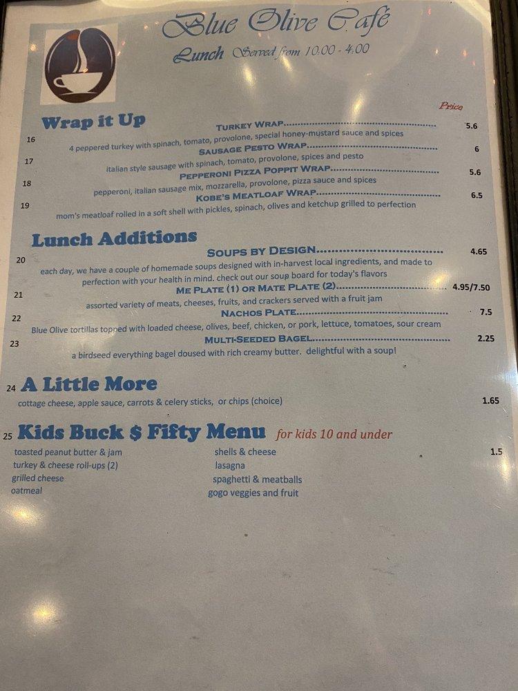 Menu at Blue Olive Cafe, Milan