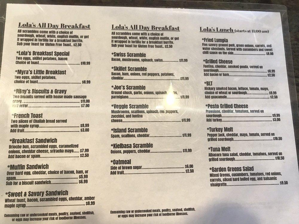 Menu at Lola's Cafe, Port Angeles