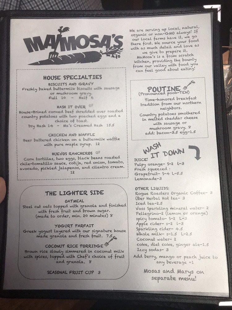 Menu at Ma Mosa's restaurant, Grants Pass