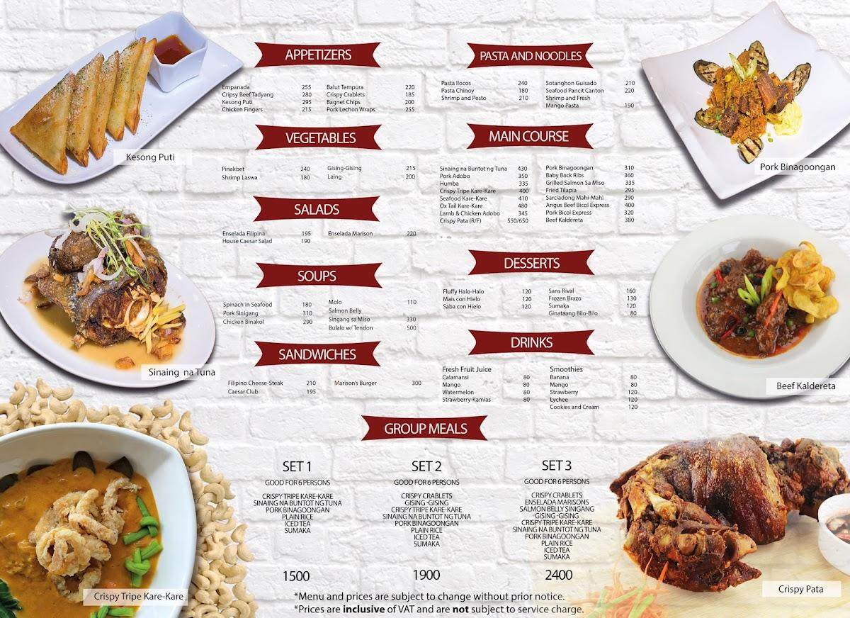 Menu at Marison's restaurant, Antipolo, Mille Luce
