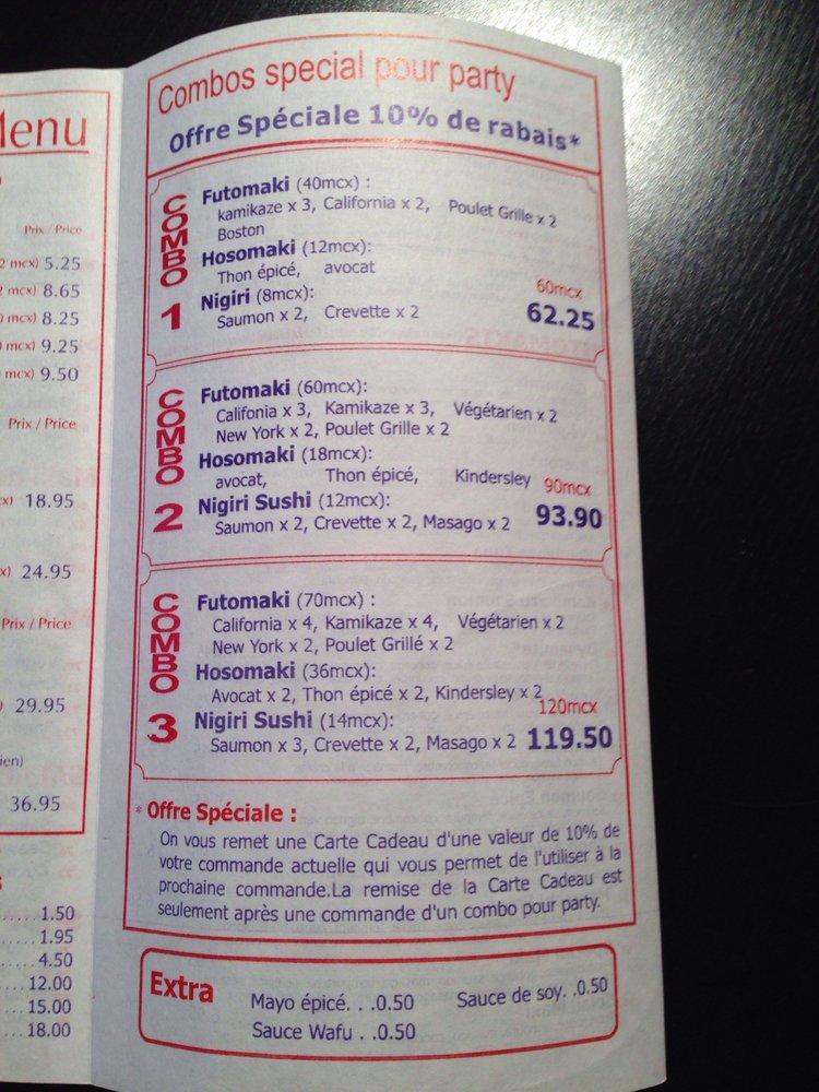 Menu at Sushi Sakana restaurant, Mount Royal
