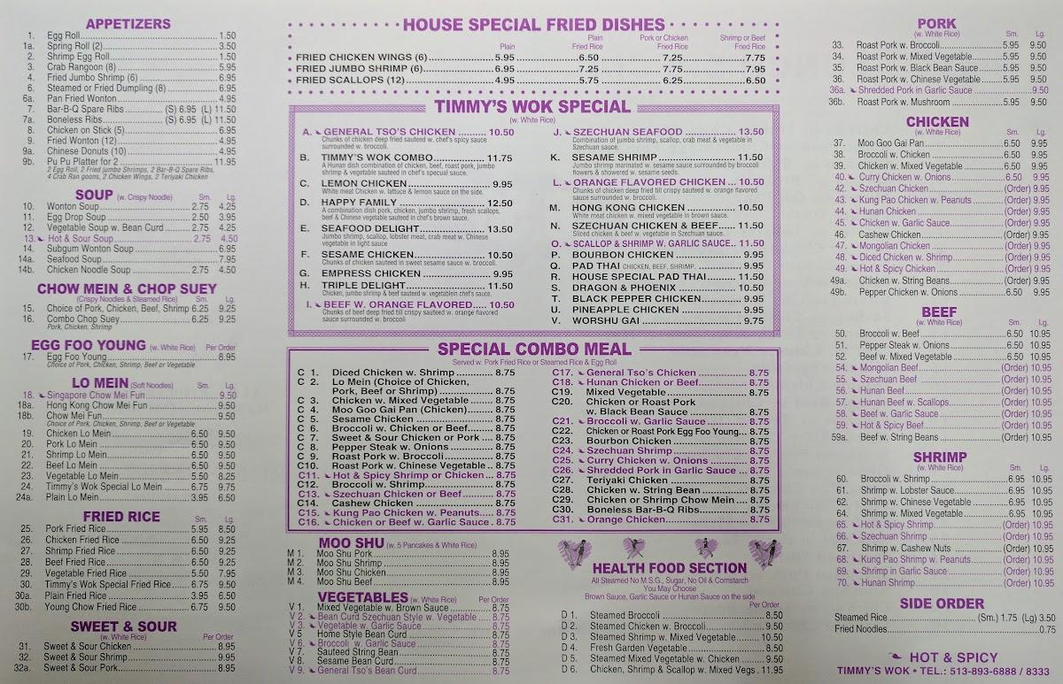 Menu at Timmy's Wok restaurant, Hamilton