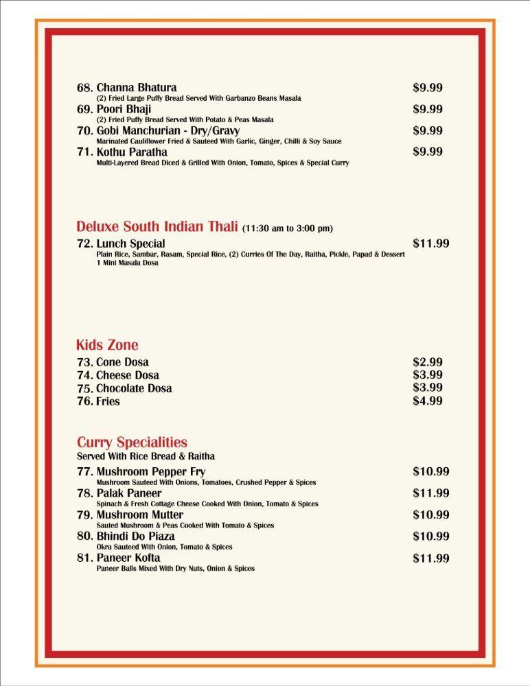 Menu at Udupi Palace Restaurant, Surrey