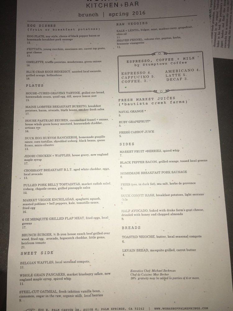 Menu at Workshop Kitchen & Bar, Palm Springs
