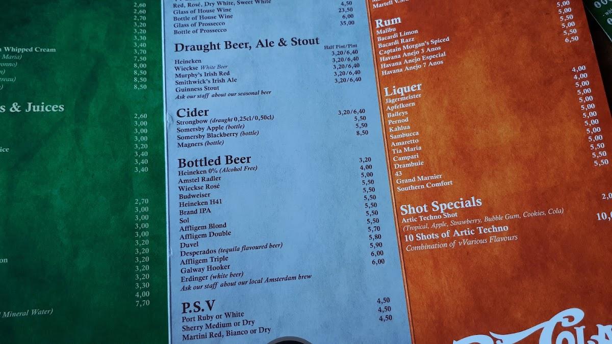 Menu at Aran Irish Pub, Amsterdam