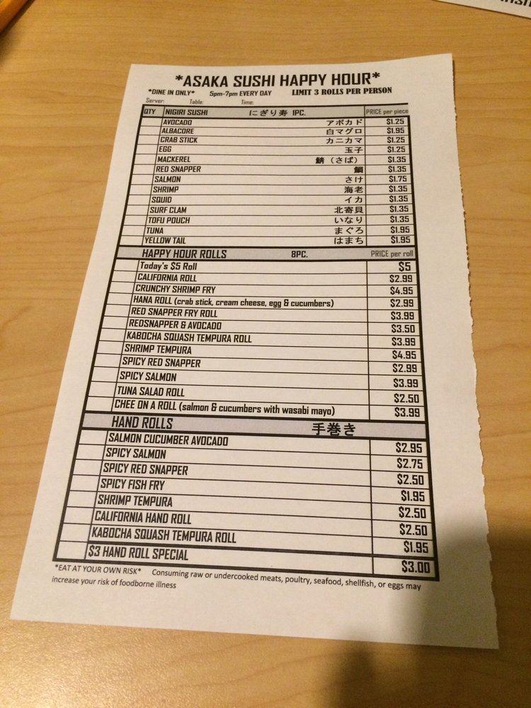 Menu at Asaka Japanese Restaurant, Indianapolis