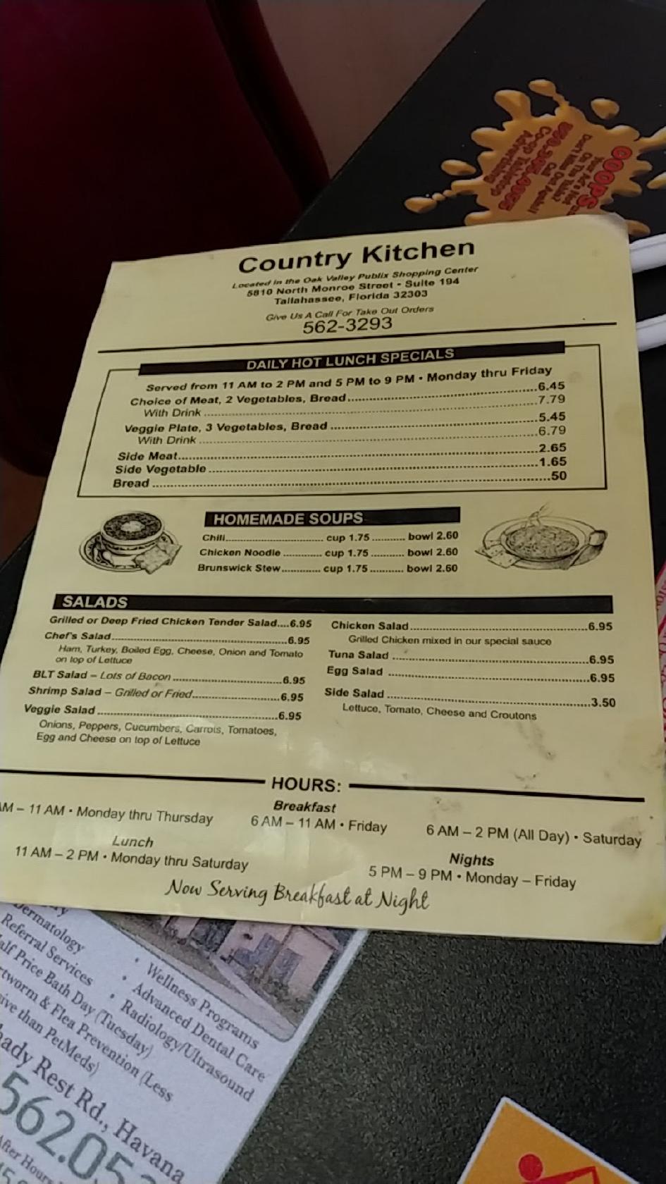 Menu at Country Kitchen restaurant, Tallahassee, N Monroe St #105