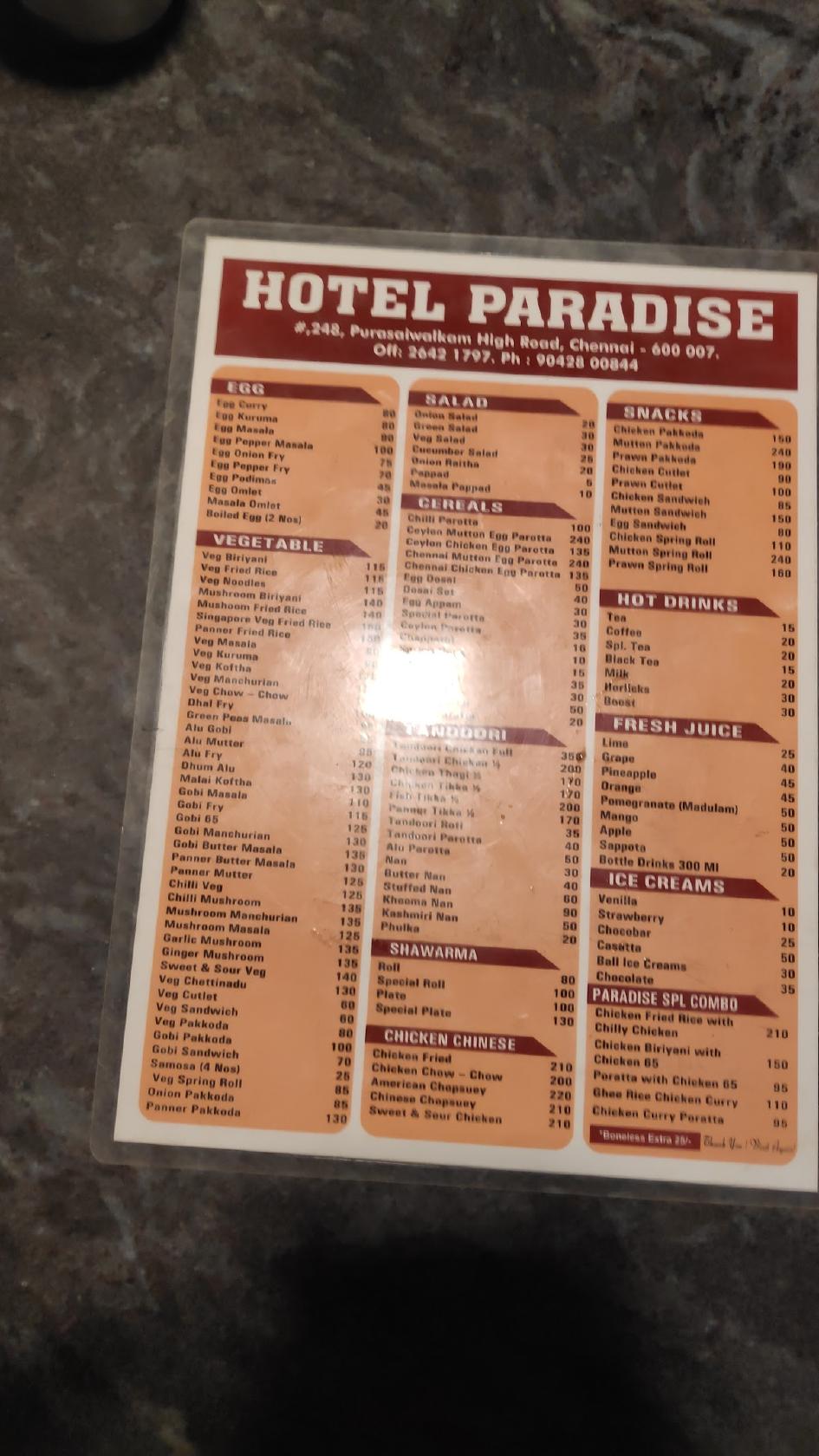 Menu at Hotel Paradise, Chennai, 248