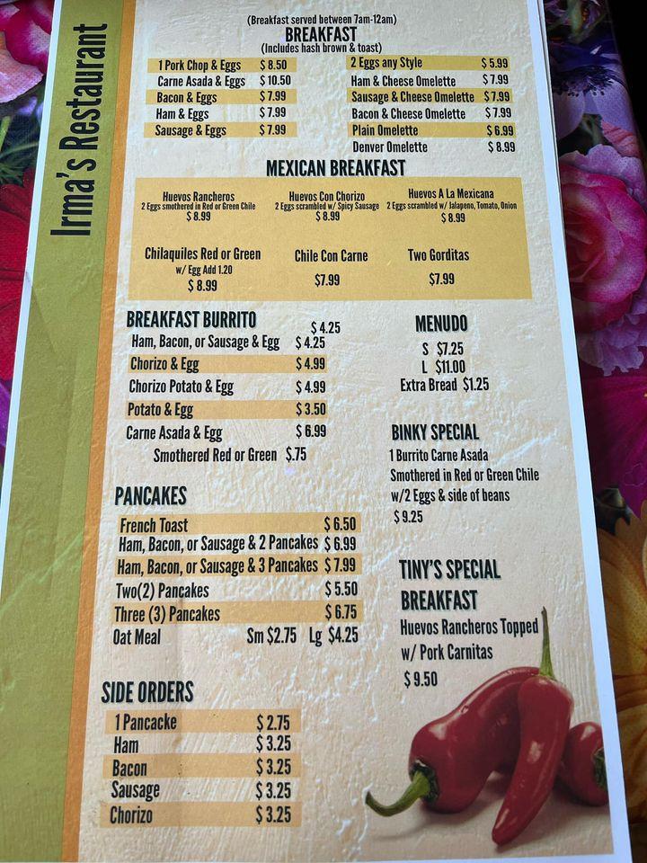 Menu at Irma's Restaurant, Deming