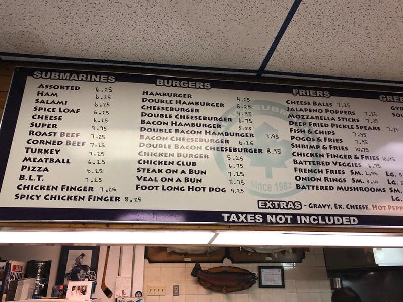 Menu at Palace Submarine restaurant, Brantford