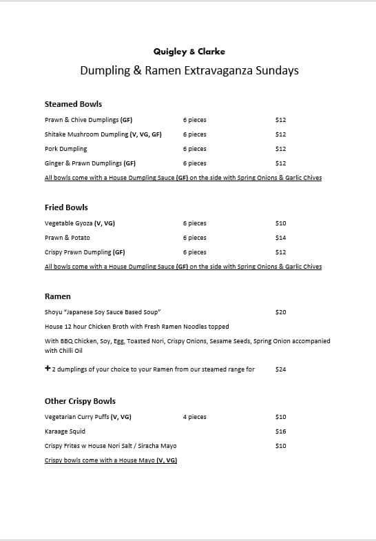 Menu at Criterion Clunes restaurant, Clunes