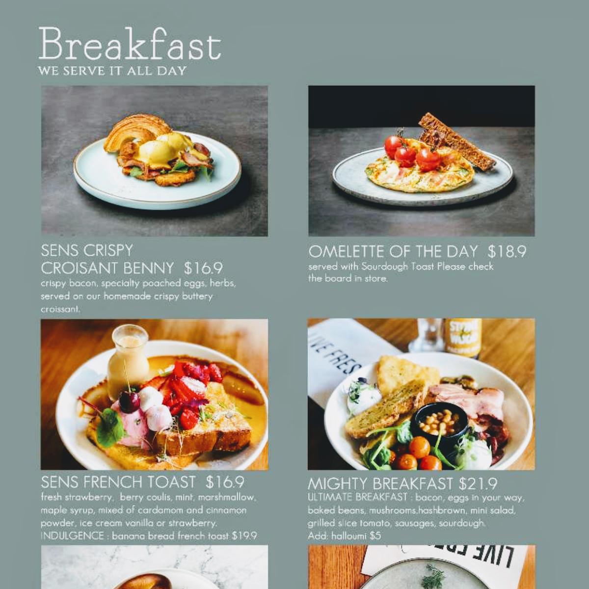 Menu at Sens Coffee cafe, Southport, 1-2/2 Como Cres