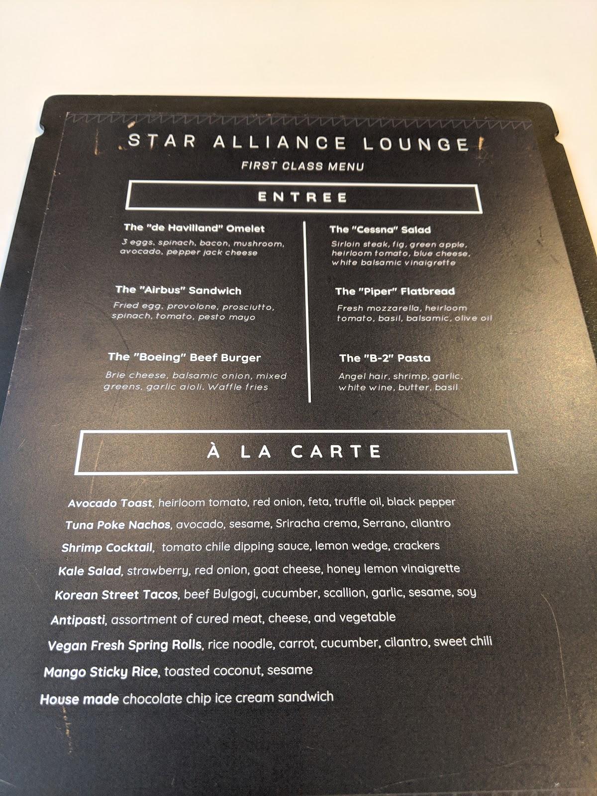 Menu at Star Alliance Lounge restaurant, Los Angeles