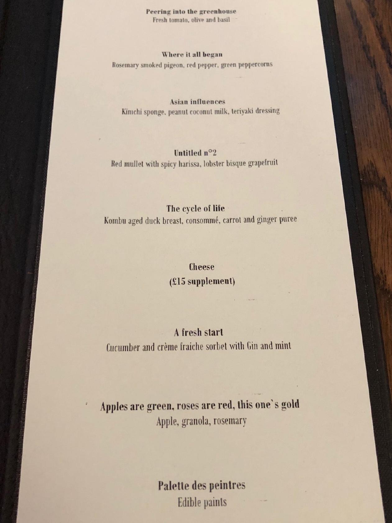 Menu at The Pass restaurant, Lower Beeding