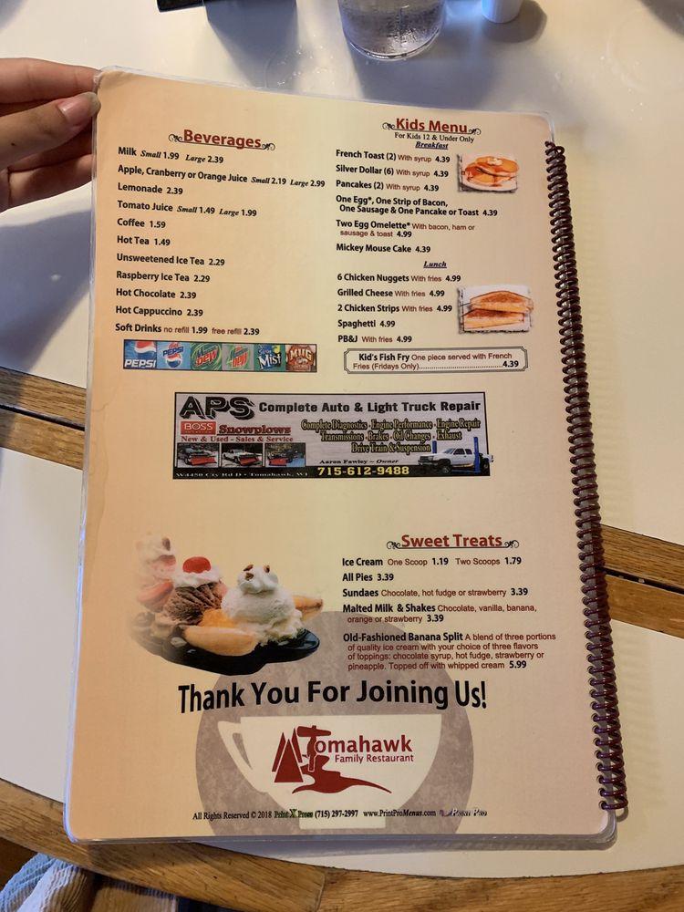 Menu at Tomahawk Family Restaurant, Tomahawk