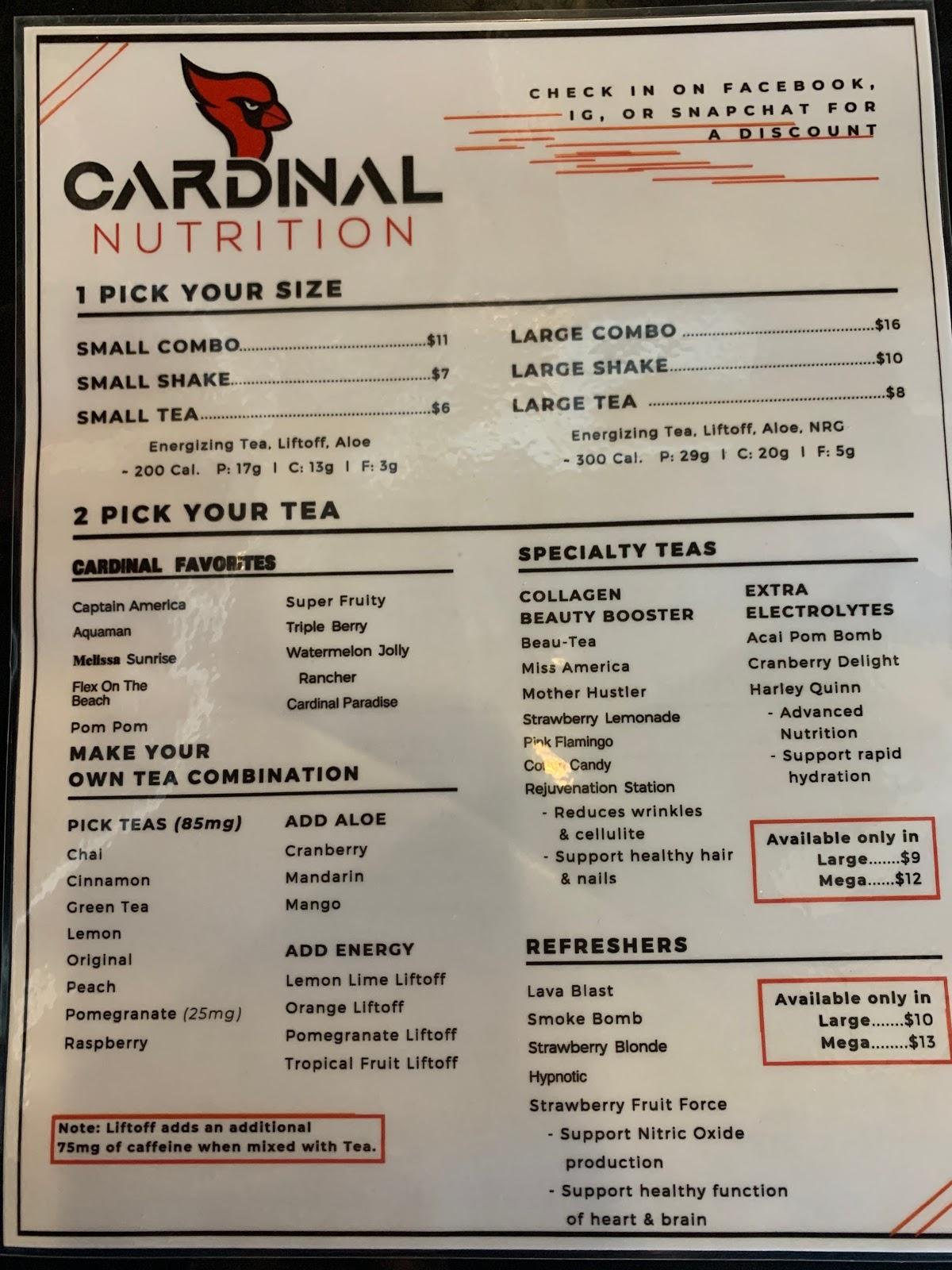 Menu at Cardinal Nutrition restaurant, Melissa