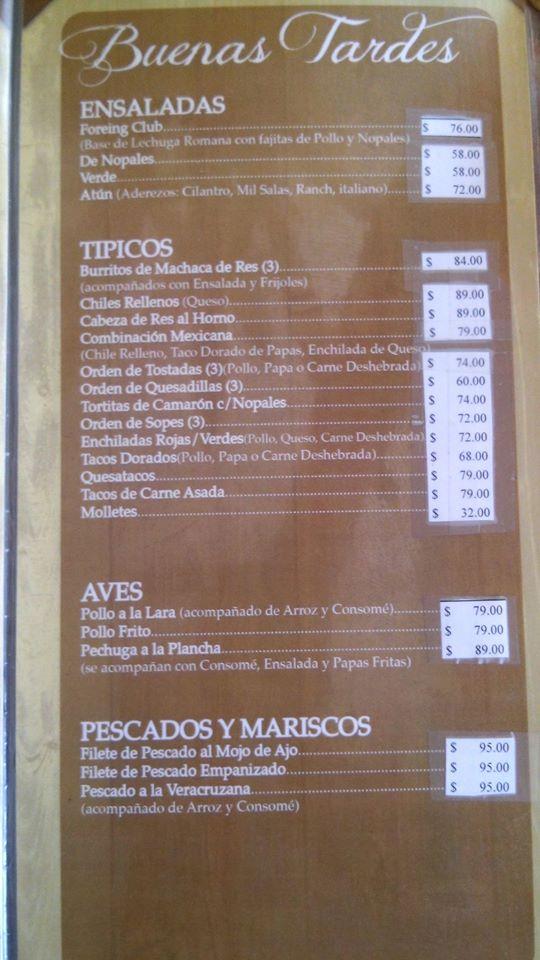 Carta del restaurante El Foreign, Ensenada