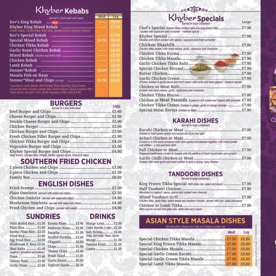 Menu at Khyber restaurant, Batley, 1