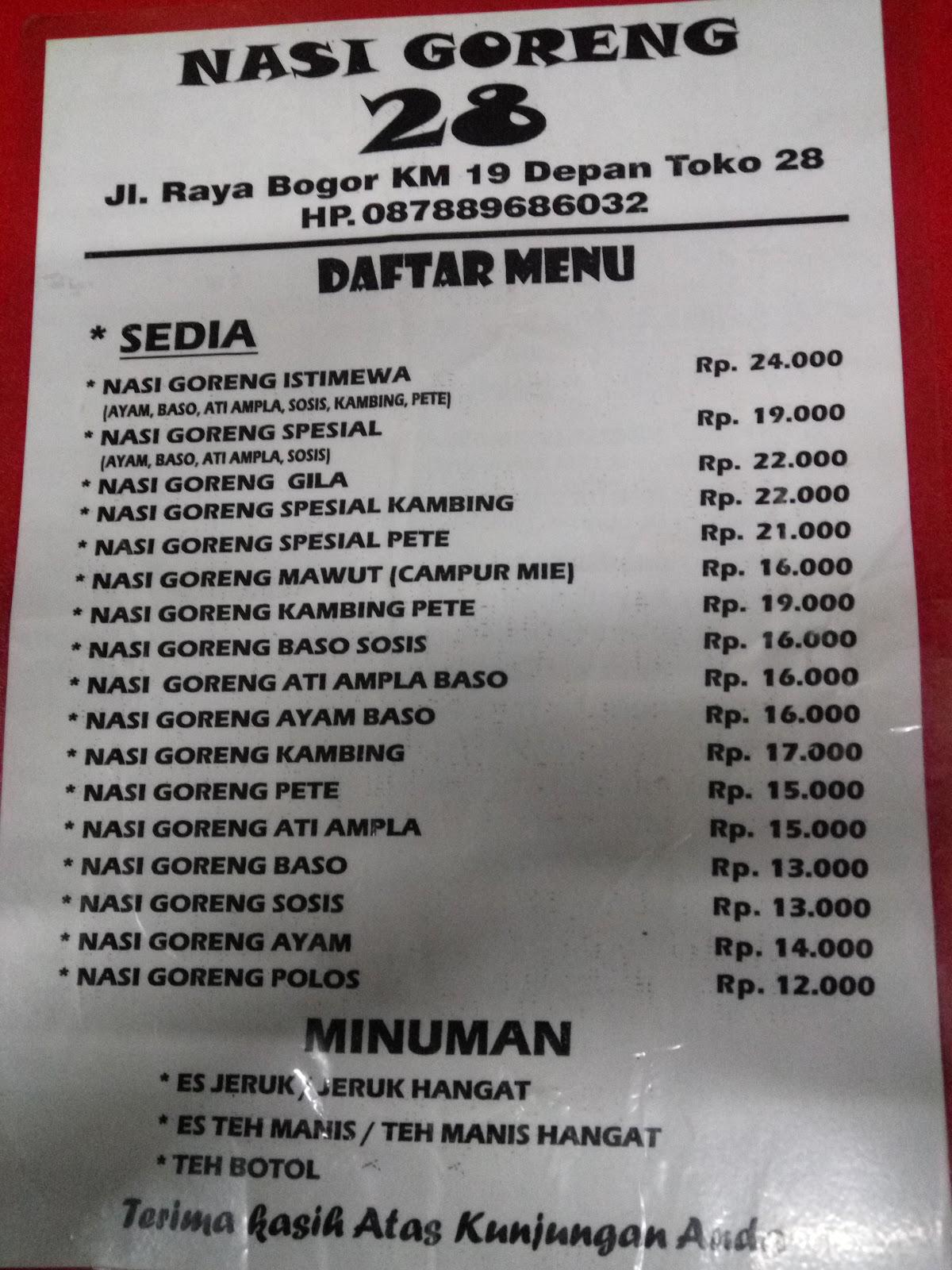 Menu at Nasi Goreng "28" restaurant, East Jakarta
