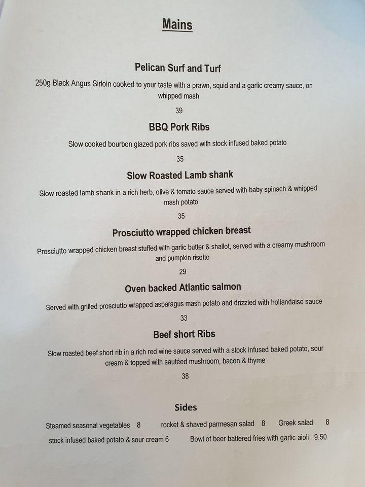 Menu at The Pelican Waterfront Cafe & Restaurant, Saint Georges Basin