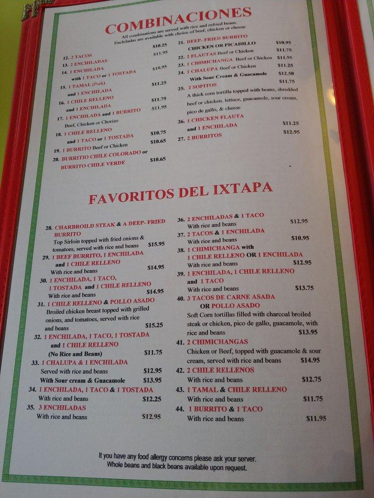 Menu at Casa Ixtapa restaurant, Oregon City