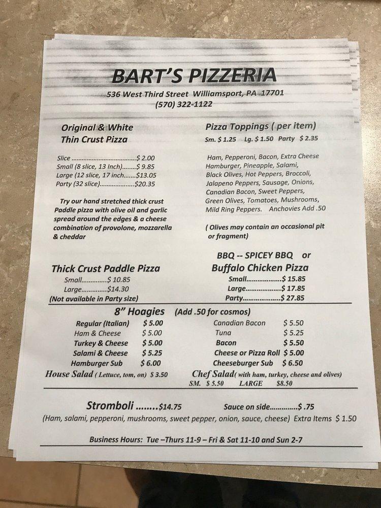 Menu at Bart's Pizzeria, Williamsport