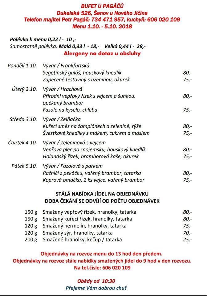 Menu at Bufet u Pagáčů restaurant, Novy Jicin