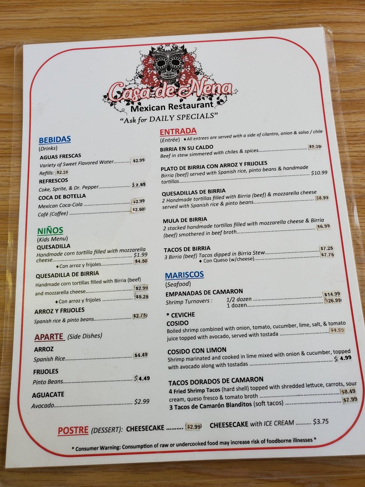 Menu at Casa de Nena restaurant, Ogden
