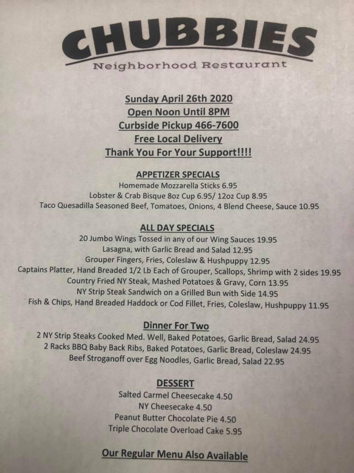 Carta del pub y bar Chubbies, Fort Pierce