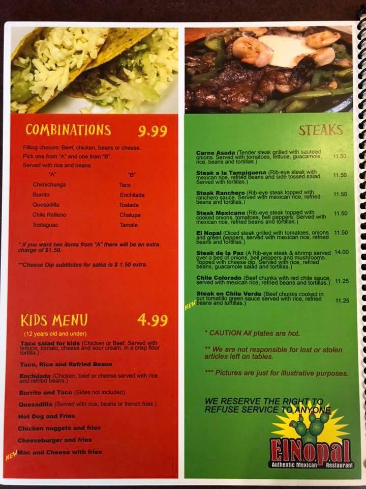 Menu at El Nopal Sullivan restaurant, Sullivan, 148 S Service Rd W