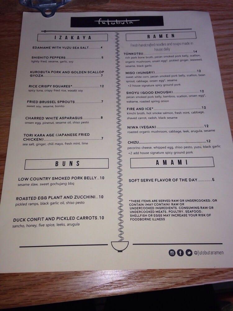 Menu at Futo Buta restaurant, Charlotte