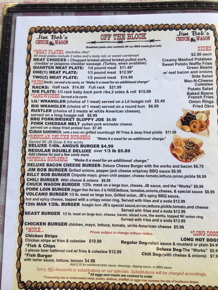 Menu at Jim Bob's Chuck Wagon BBQ, McKenna
