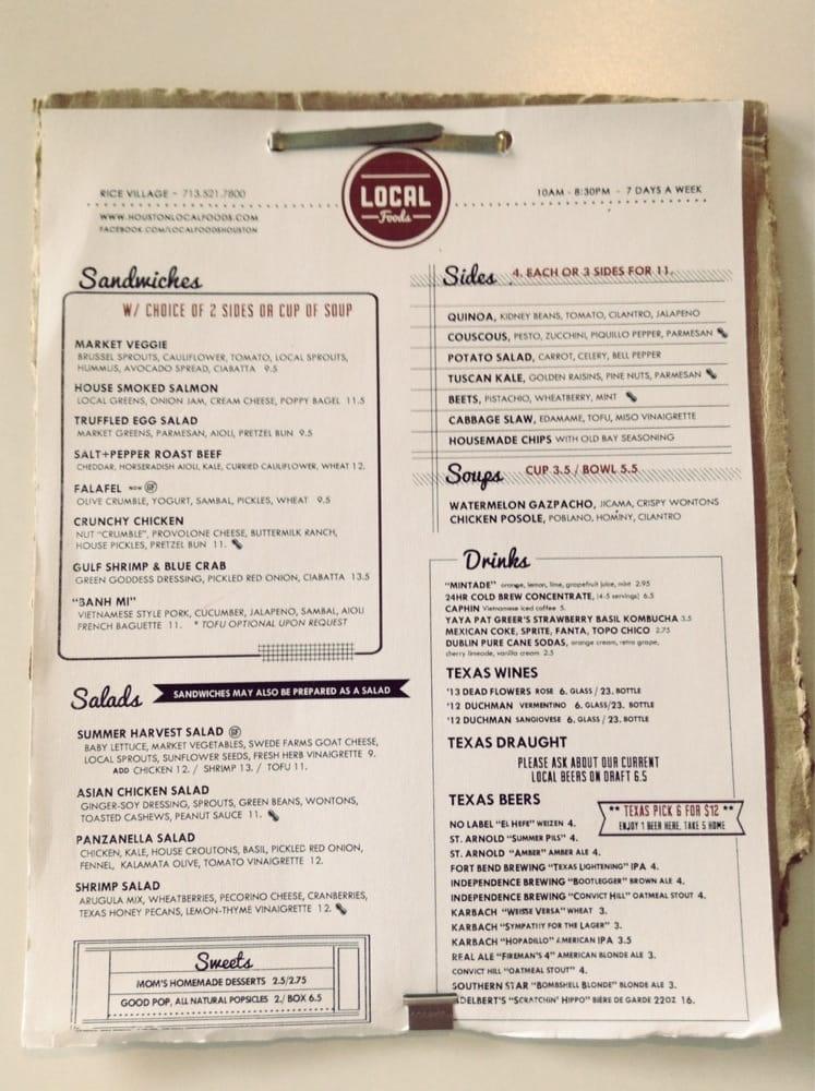Menu at Local Foods - Rice Village restaurant, Houston