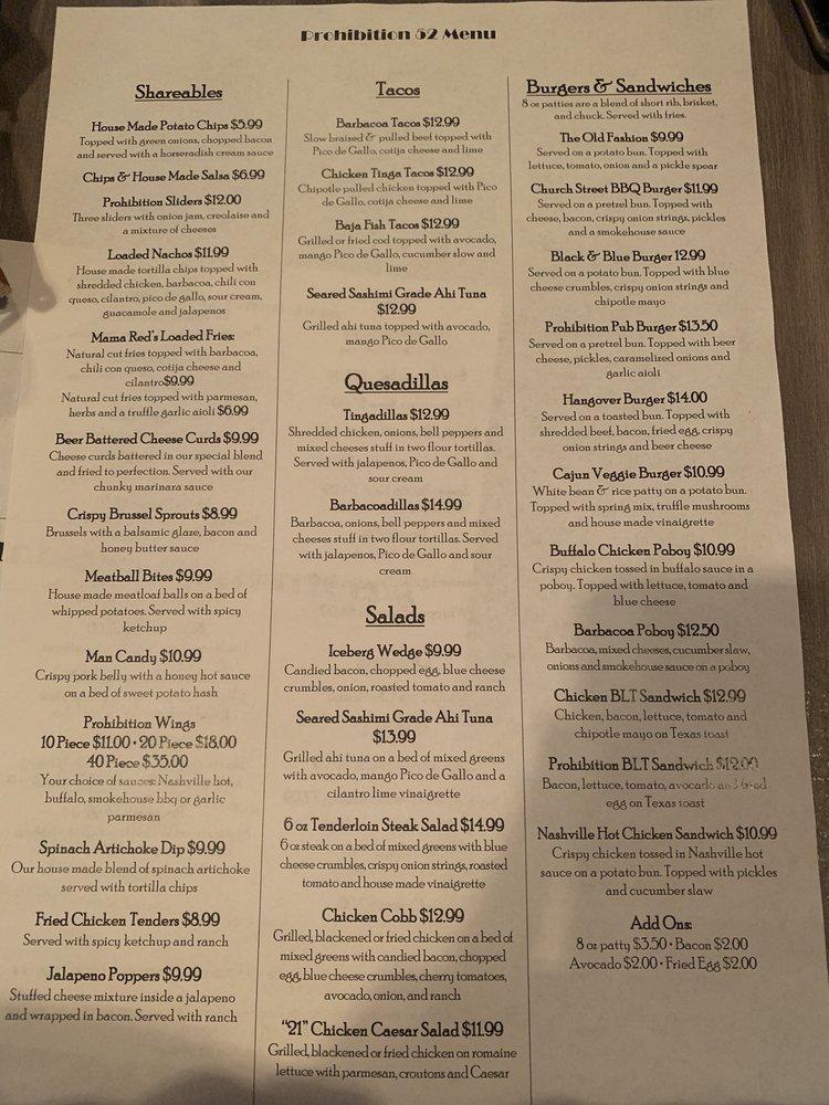 Menu at Prohibition 52 pub & bar, Kemah